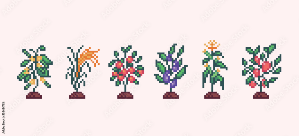 Vegetable plant farm pixel art set. Eggplant, bell pepper, corn ...