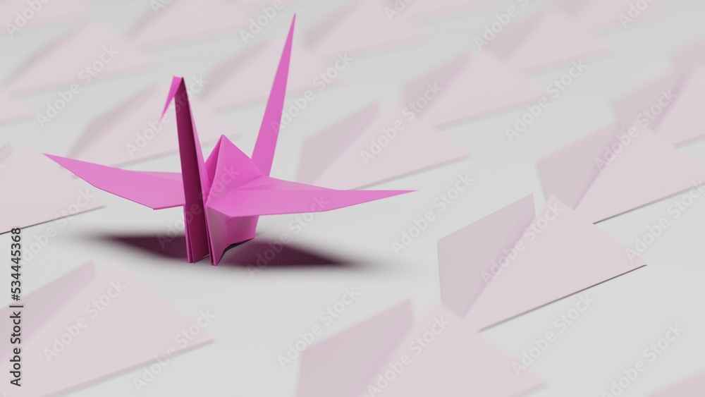 Origami of pink crane and many airplanes on white board under white ...