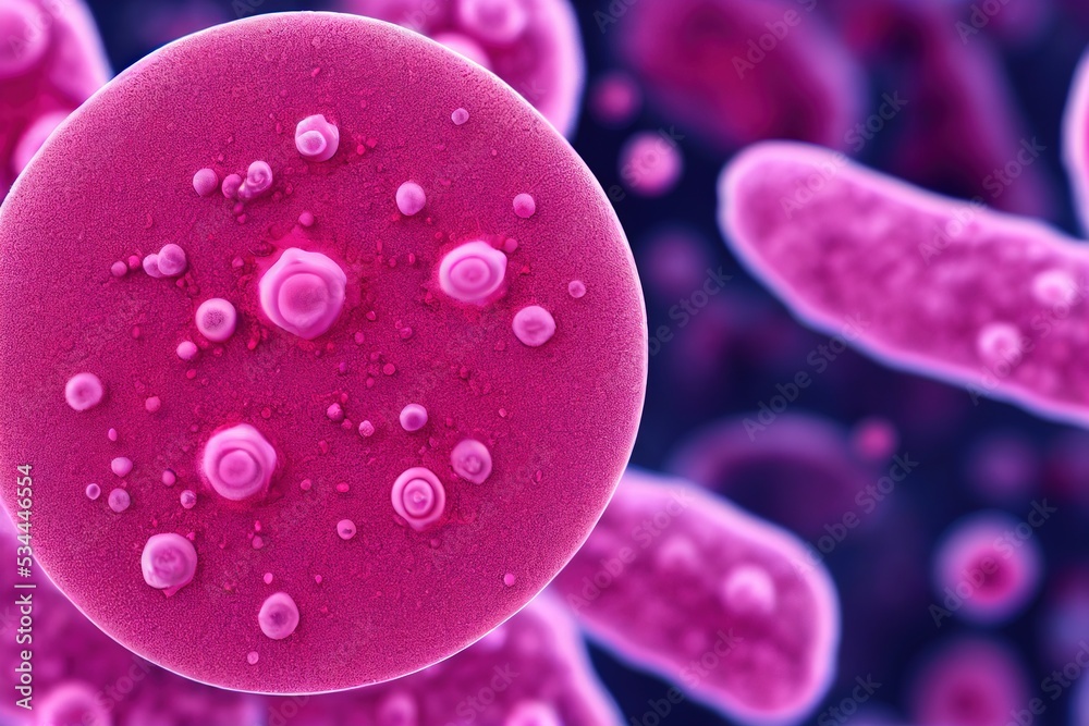 Human cell attacked by bacteria. View under microscope. Viral molecule ...