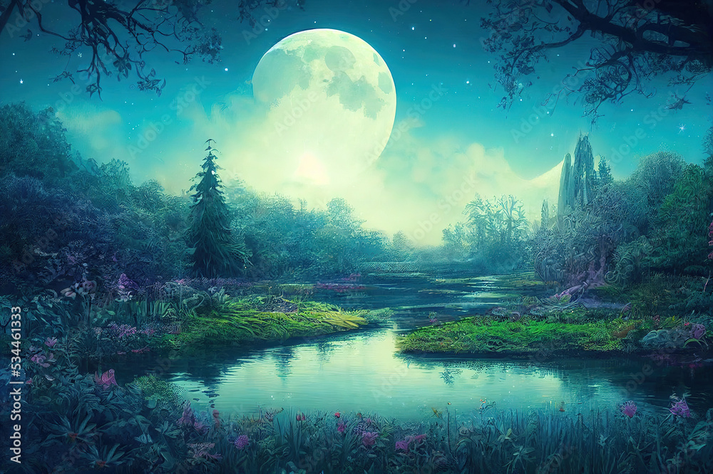 Fantasy magical enchanted fairy tale landscape with forest lake, fabulous fairytale garden ...
