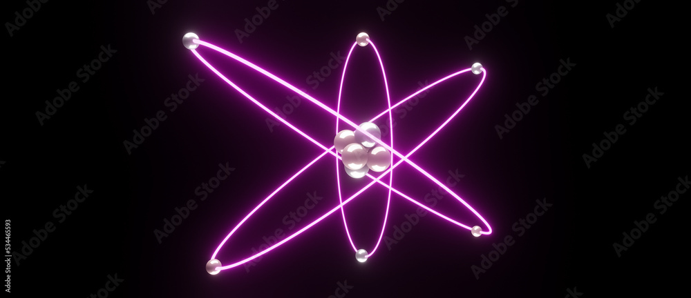 3D illustration model of an atom with nucleus, electrons, protons and ...