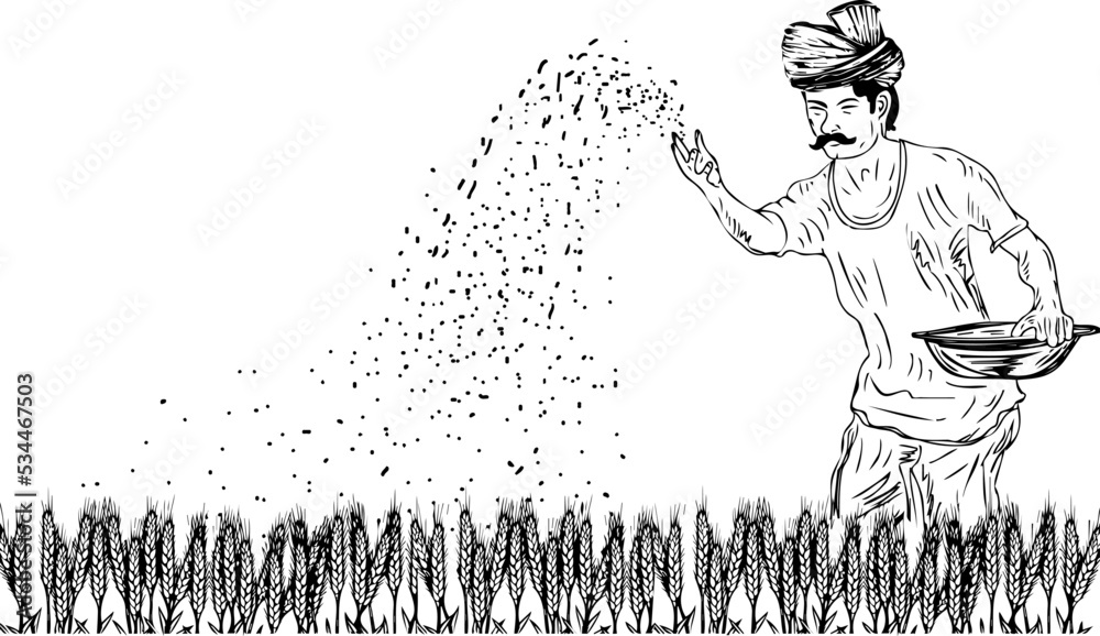 Asian farmer separating pesticides and fertilizers with hand outline ...