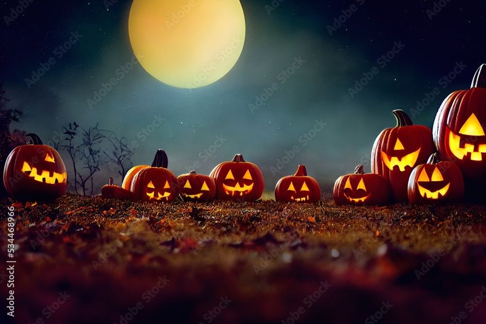 Night field with line of scary and horrible pumpkins, under a blood and ...