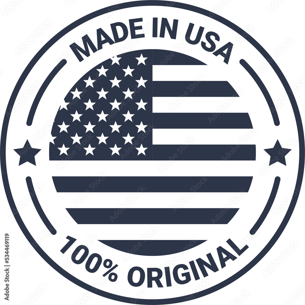Made in the usa labels in grey colors. American product emblem. Package ...
