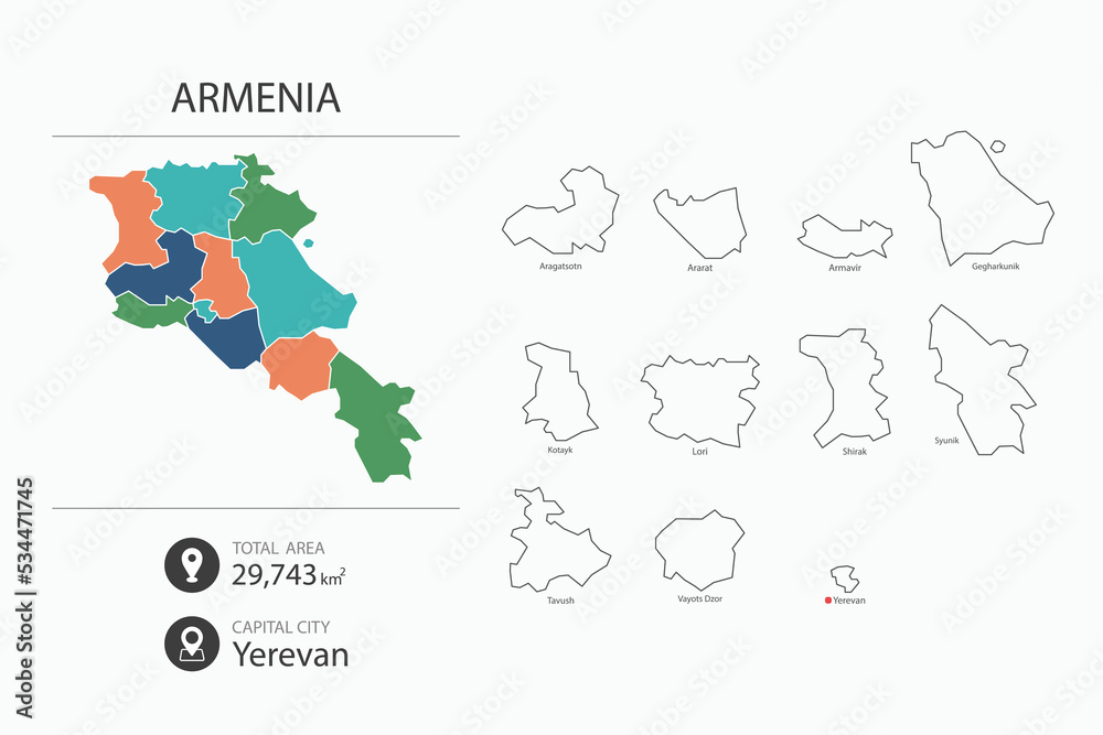 Map of Armenia with detailed country map. Map elements of cities, total ...