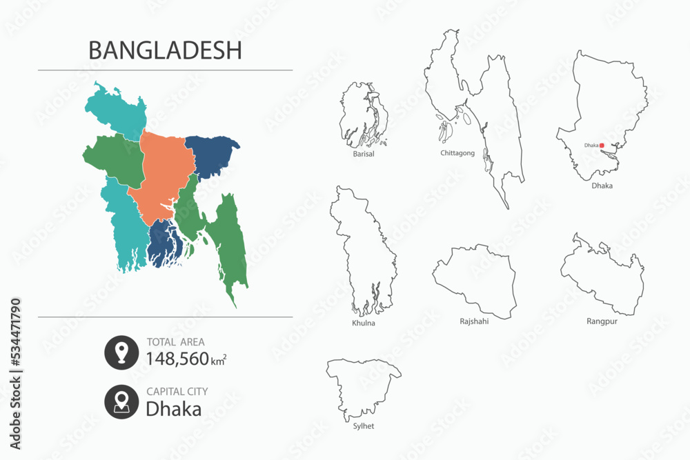 Map of Bangladesh with detailed country map. Map elements of cities ...