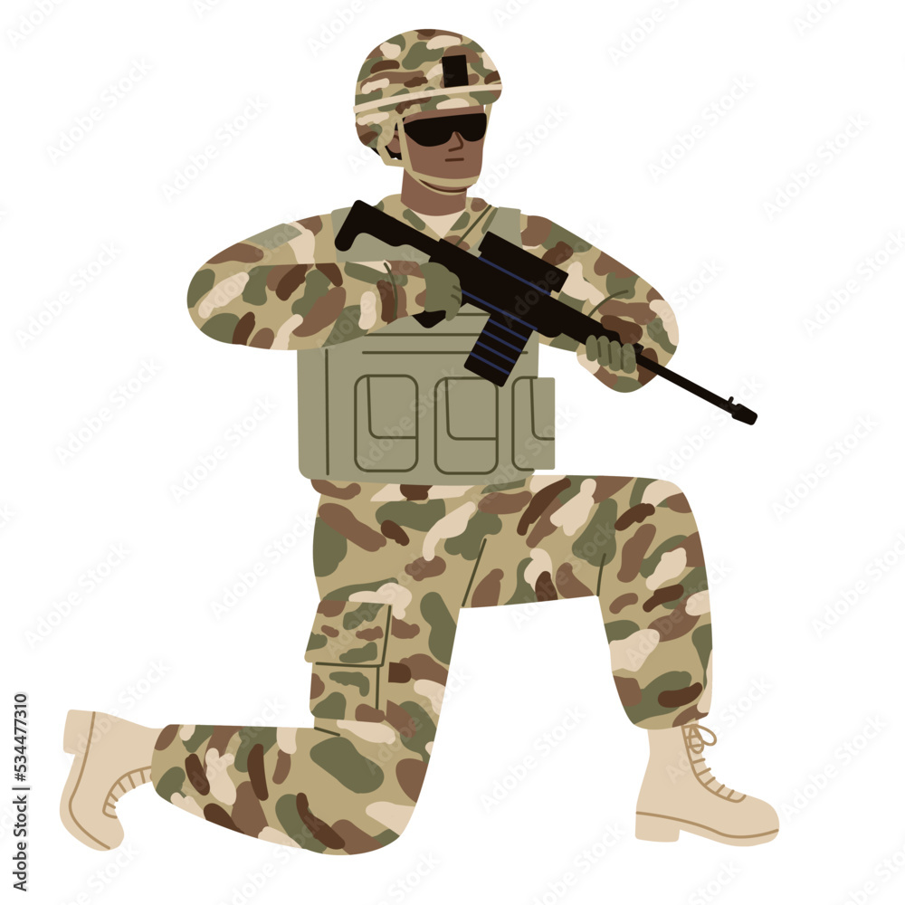 Soldier, military man, wearing sunglasses with a rifle. Army service ...