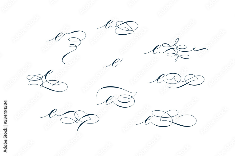 Set of beautiful calligraphic flourishes on letter e isolated on white ...