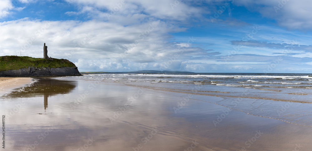 panorama view of the Ballybunion Castle ruins on the clifftop and ...