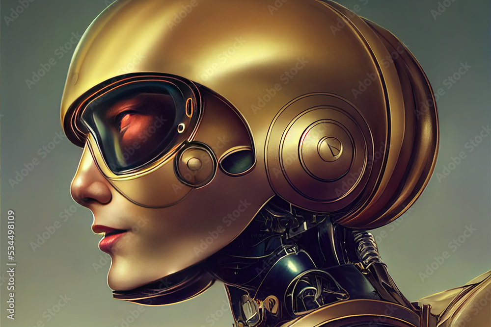 3 D render. A profile portrait of a futuristic female robot or highly ...