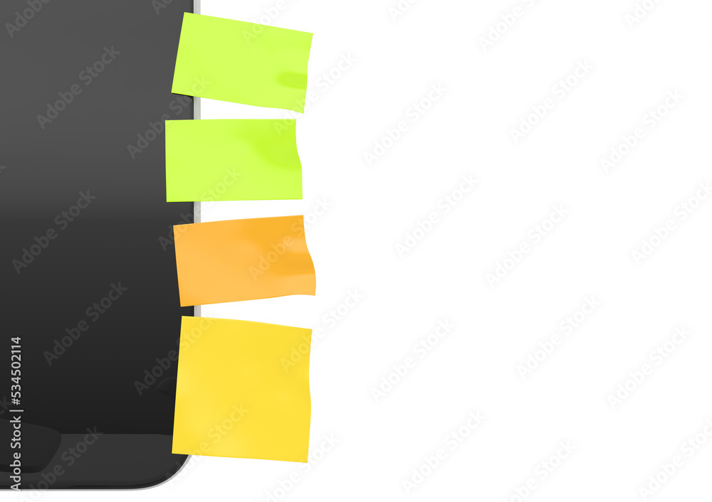 Stickers on computer monitor. Paper sticky notes with curly edges for ...