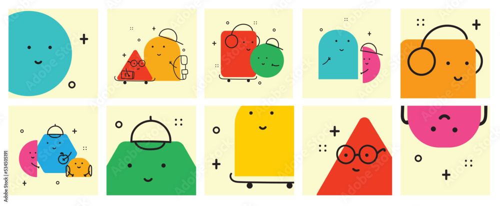 Set of Various bright Geometric Figures with face emotions. Different ...