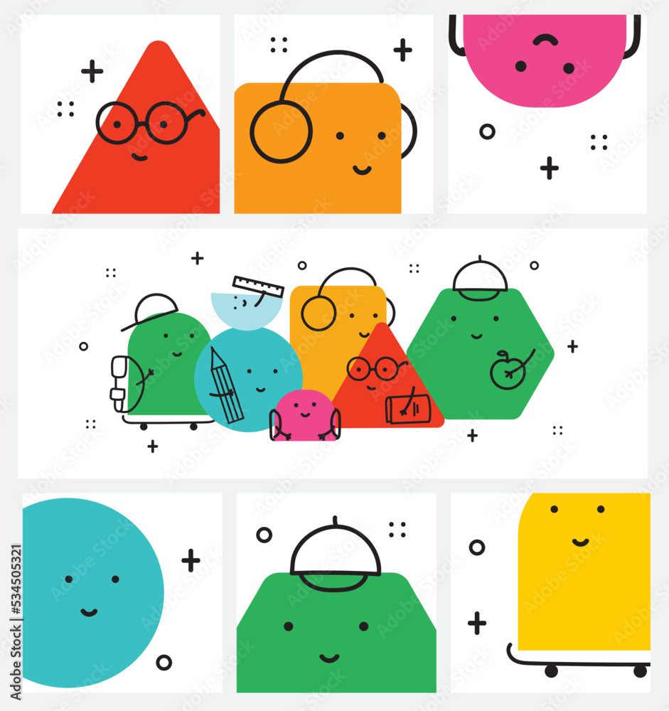 Set of Various bright Geometric Figures with face emotions. Different ...