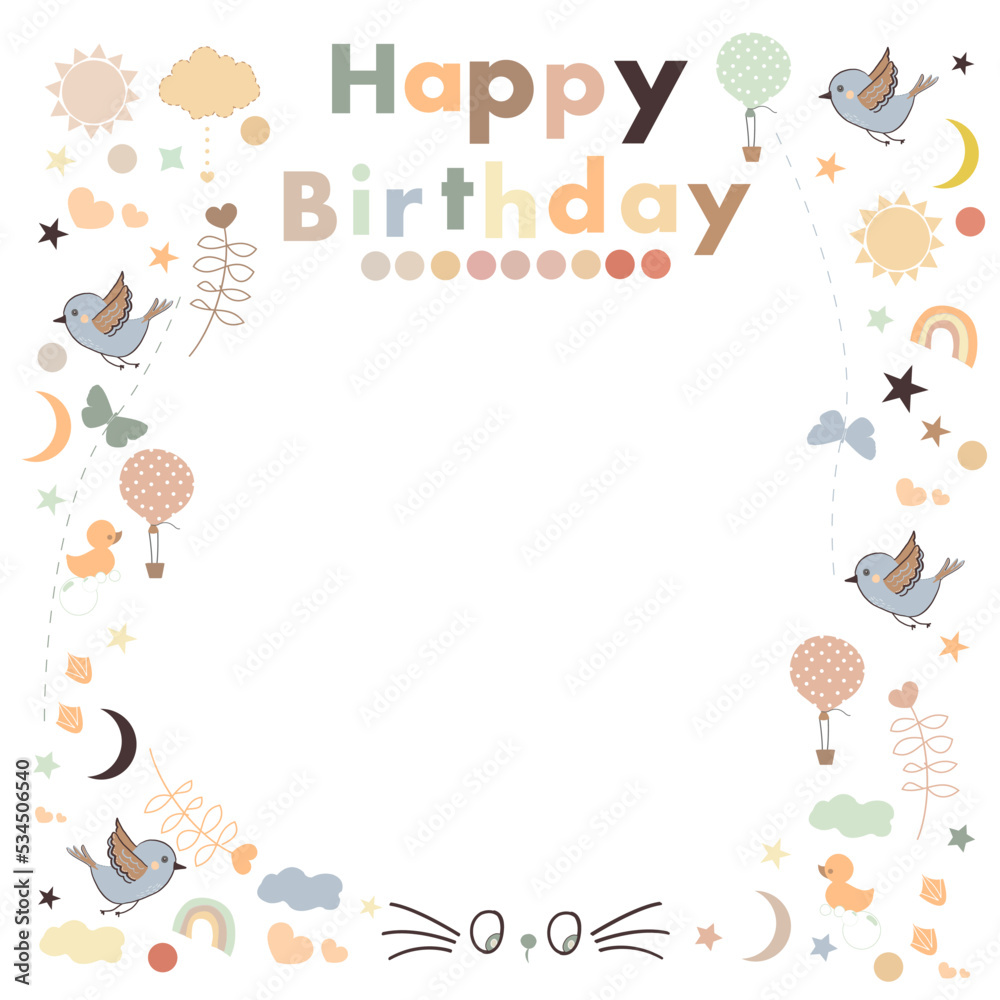Happy Birthday text with birthday symbols frame design greeting card ...