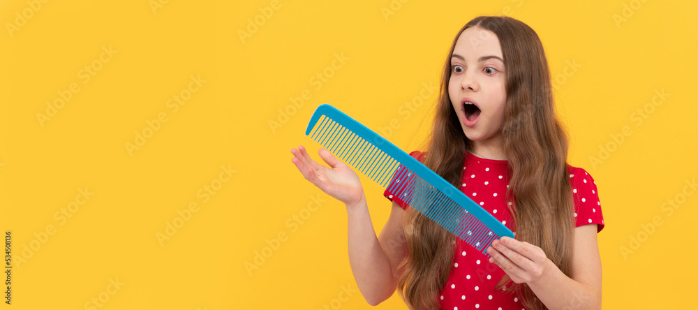 shocked girl has wavy hairdo hold hairbrush. teen beauty hairstyle ...