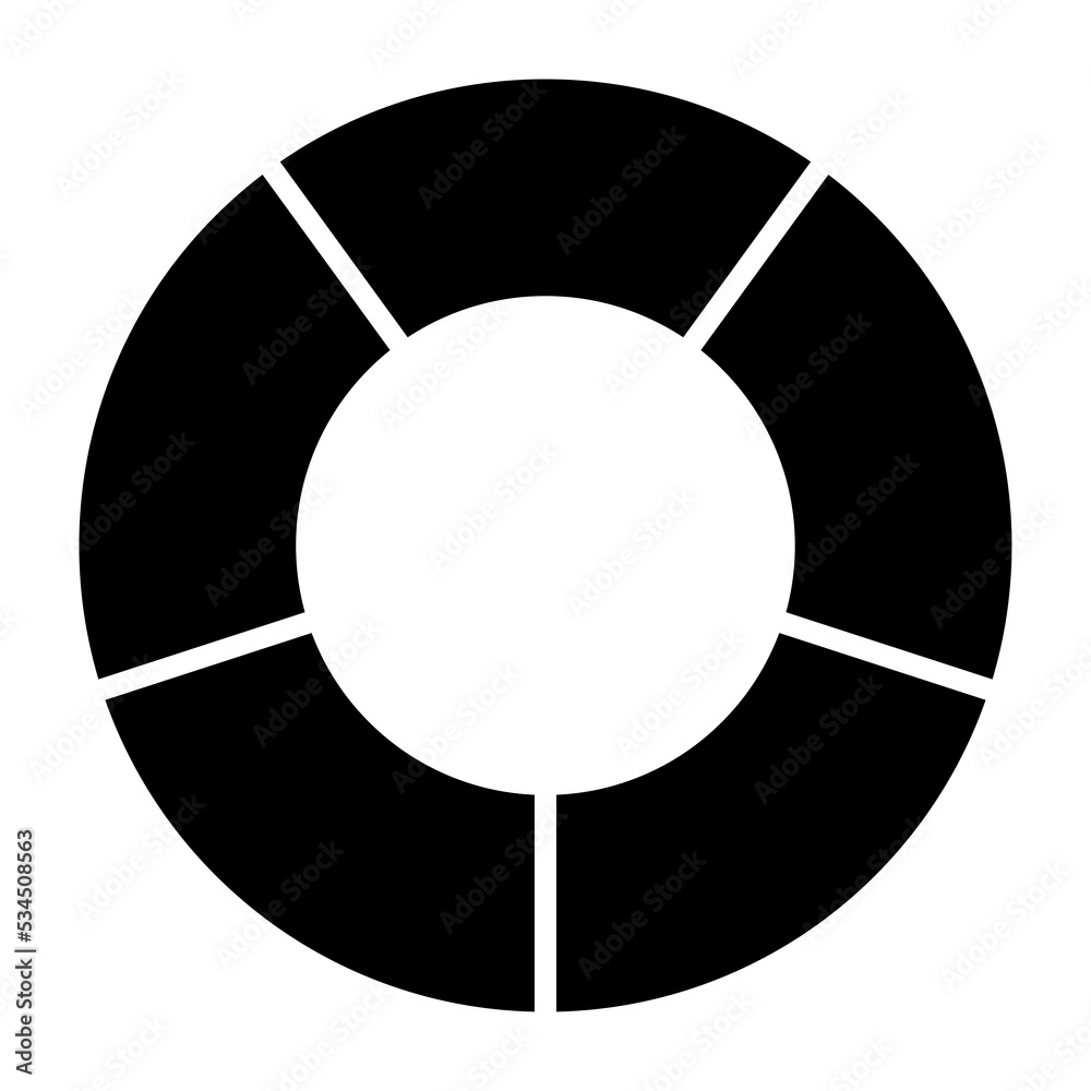 Pie chart, diagram. Black filled circle, no stroke, divided in fifths ...