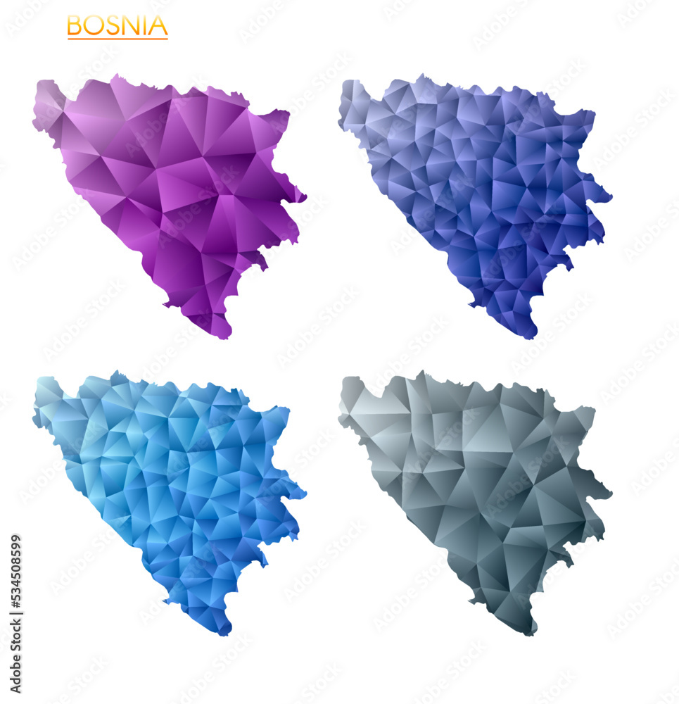 Set of vector polygonal maps of Bosnia. Bright gradient map of country ...