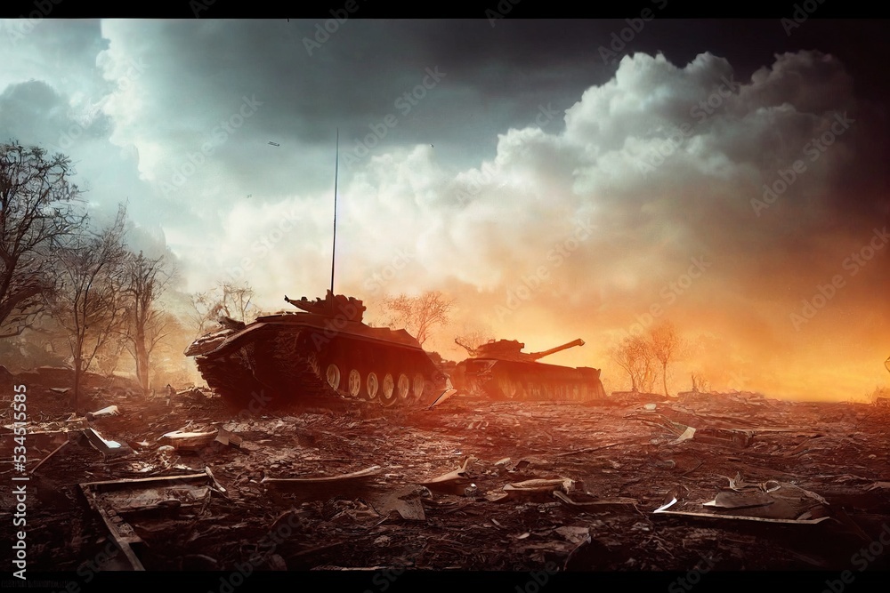 Battlefield with broken tanks from World War II. Destroyed equipment ...