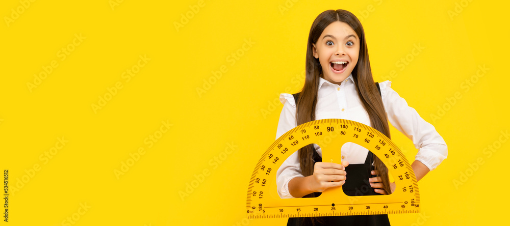mathematics. surprised teen girl hold protractor ruler. Portrait of ...