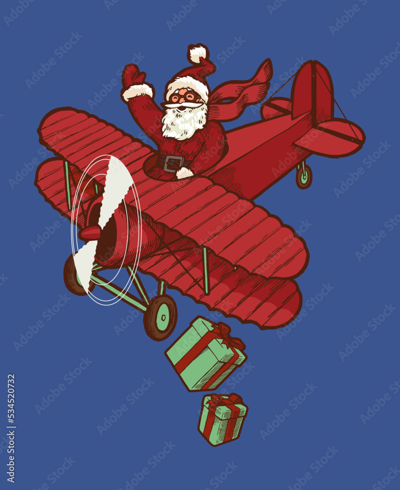 Santa on airplane. Santa Claus piloting vintage biplane dropping ...