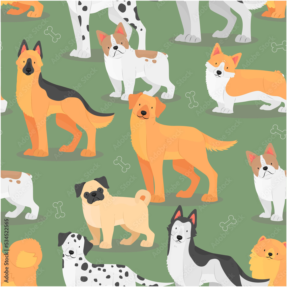 Seamless pattern with dogs of different breeds on a green background ...