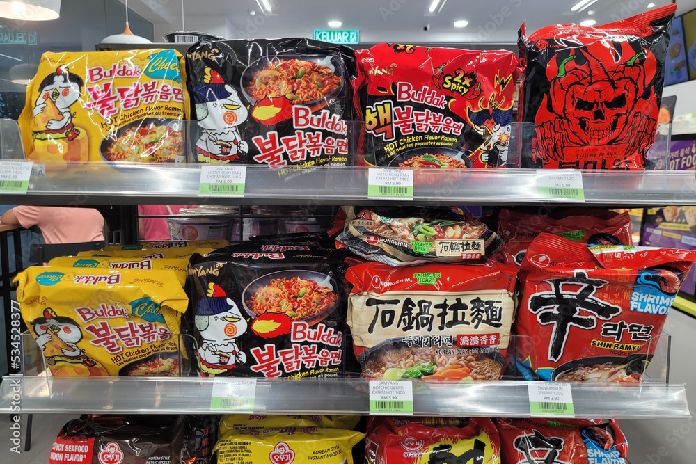 PENANG, MALAYSIA - 16 SEP 2022: Various choice of Korean spicy instant ...