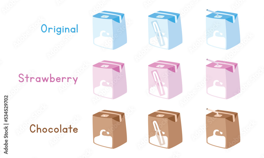 Set of regular, strawberry, chocolate milk carton box vector design ...