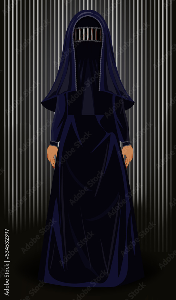 Burka is like a prison. Muslim woman in burqa metal prison bars, vector ...