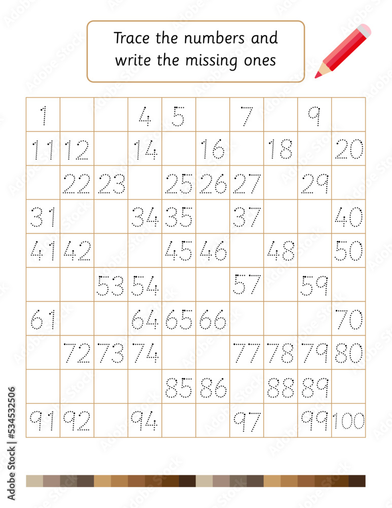 Math worksheet for kids. Tracing practice. Missing numbers activity ...