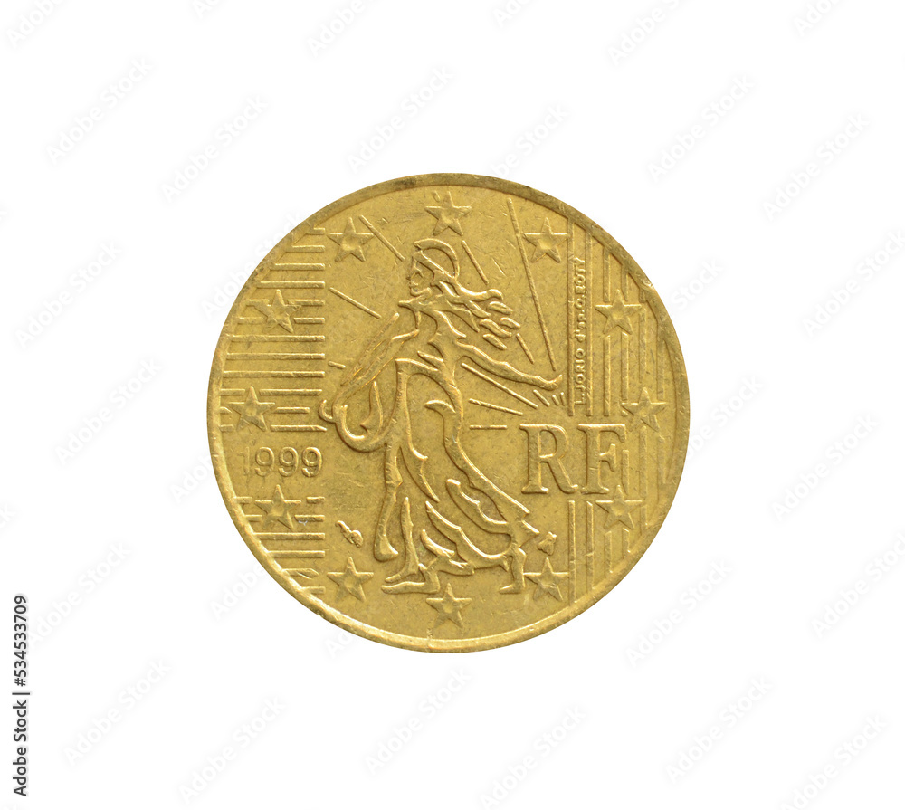 Reverse of 50 Euro cent coin made by France in 1999, that shows The ...
