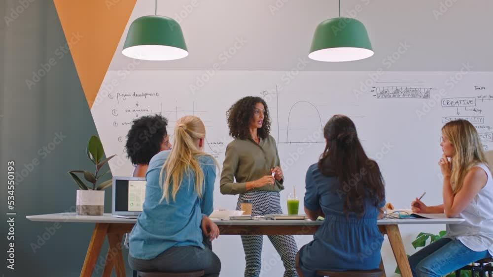 Creative workshop meeting, team and manager presentation with graph ...