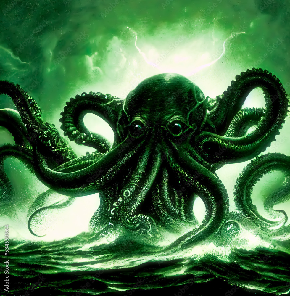 Illustration of a giant squid or of Cthulhu arising from the deep sea ...