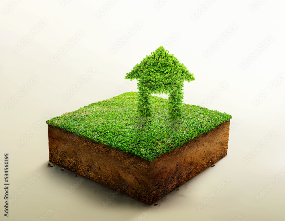 Green bush symbol in the shape of a house on cubicle soil and geology ...