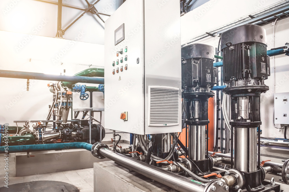 Automatic control systems. Industrial pumps in an engine room. Industry ...