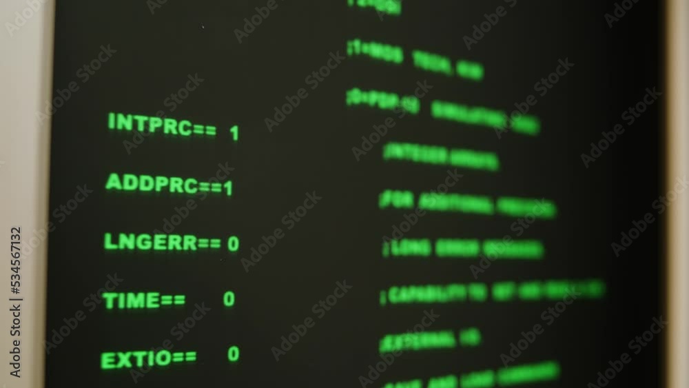 Retro pc with loading code console, programmer making scripts, green ...