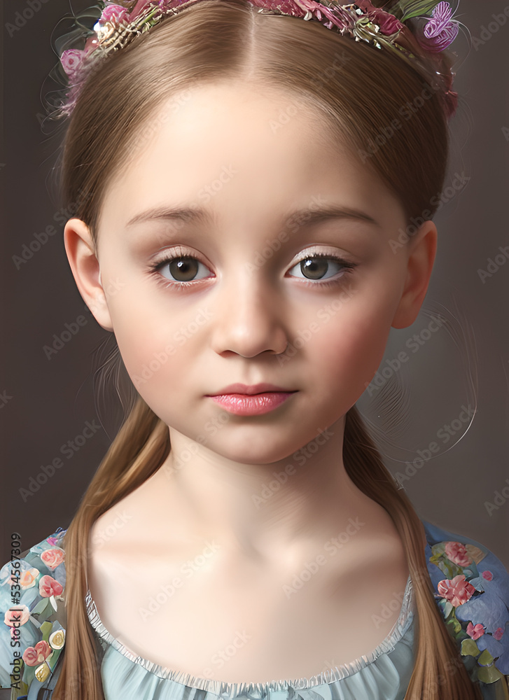 Little princess with big eyes and a flower tiara in her hair. Fantasy ...