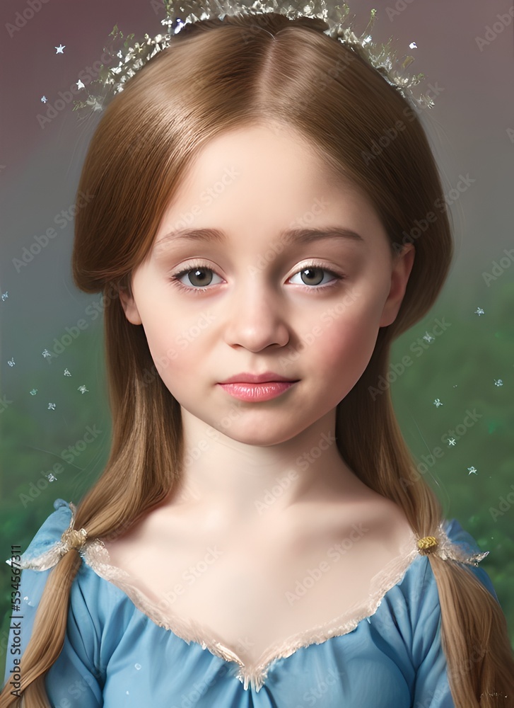 Little princess in a blue dress with flower tiara in her hair. Fantasy ...