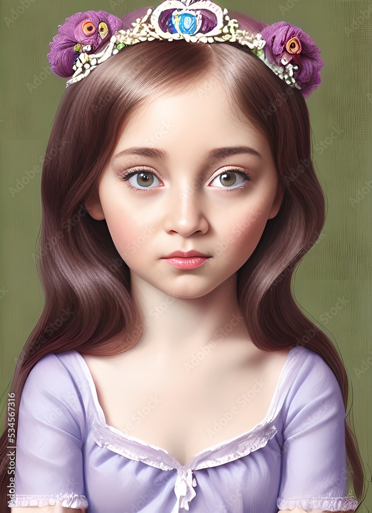 Little princess girl with flower tiara in her hair. Purple dress ...