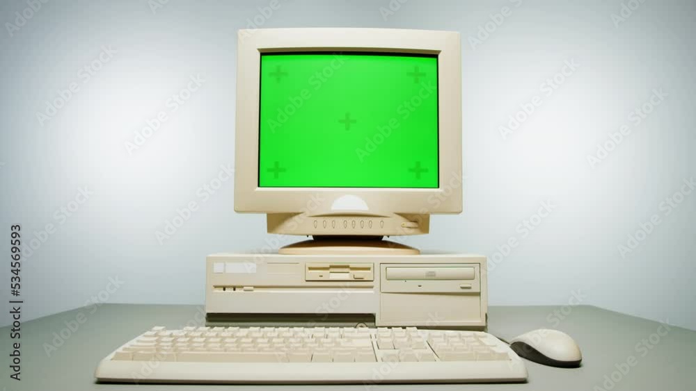 Retro pc with chroma key green screen, Old computer studio close-up ...