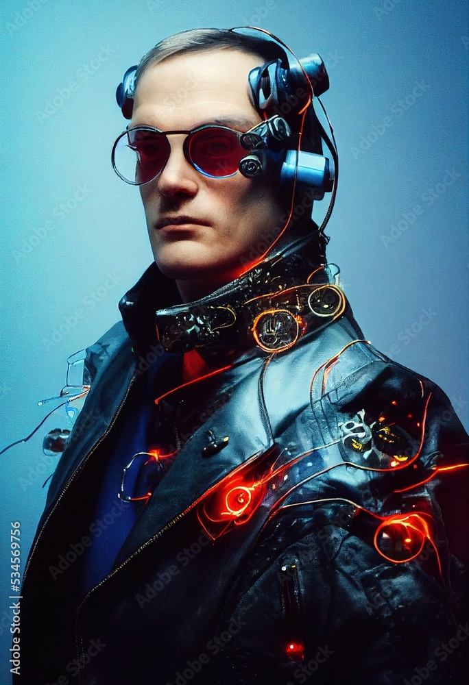 Portrait of a man wearing a cyberpunk headset, neon virtual glasses ...