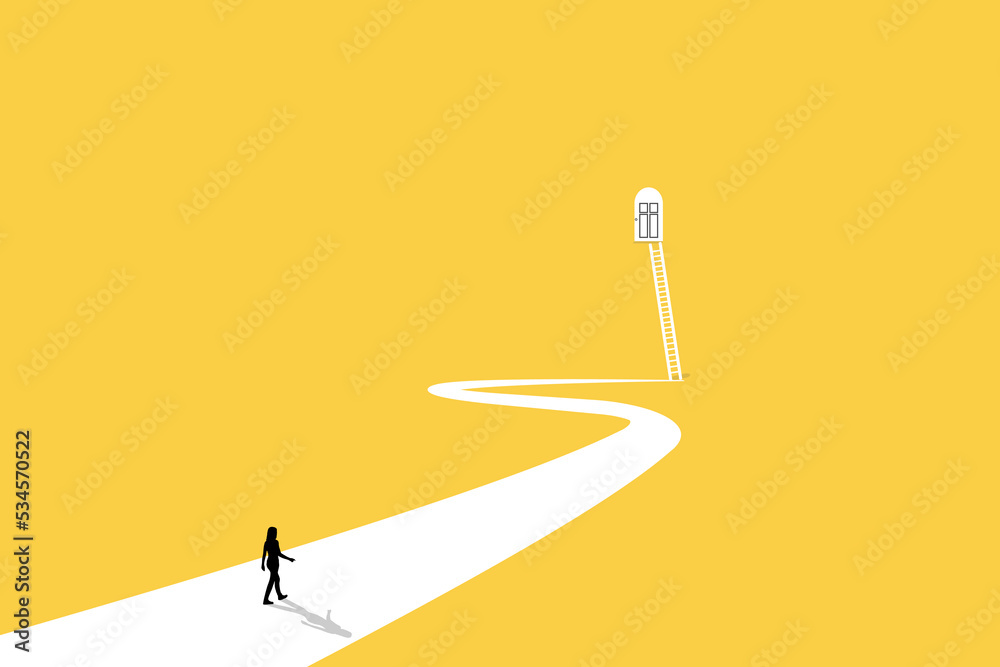 Business woman follow a path go to stair to door. visionary leadership ...