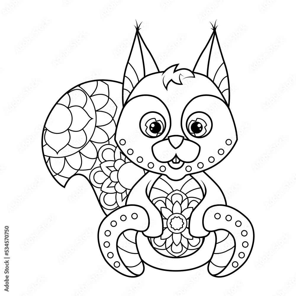 Coloring book for children. Cute squirrel in zentangle style. The task ...