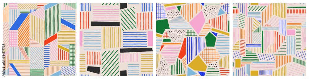 Abstract colorful geometric line doodle seamless pattern set. Creative ...