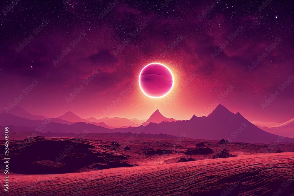 Mars purple space landscape with large planets on purple starry sky ...