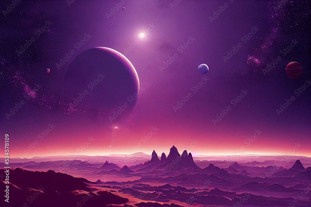 Mars purple space landscape with large planets on purple starry sky ...
