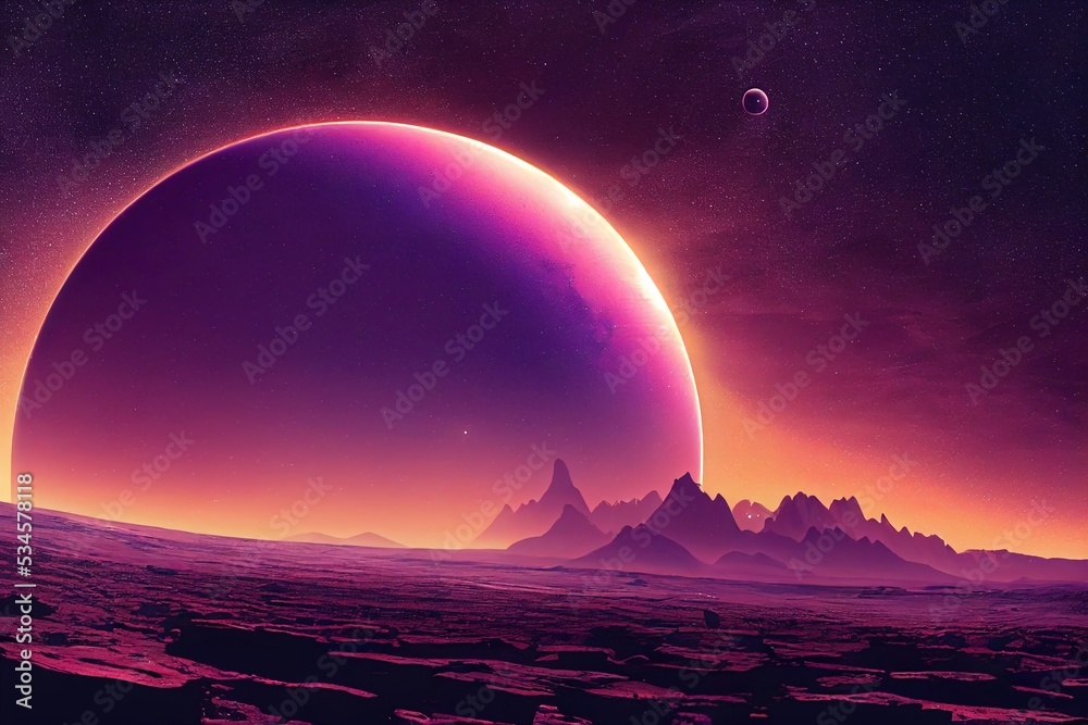 Mars purple space landscape with large planets on purple starry sky ...