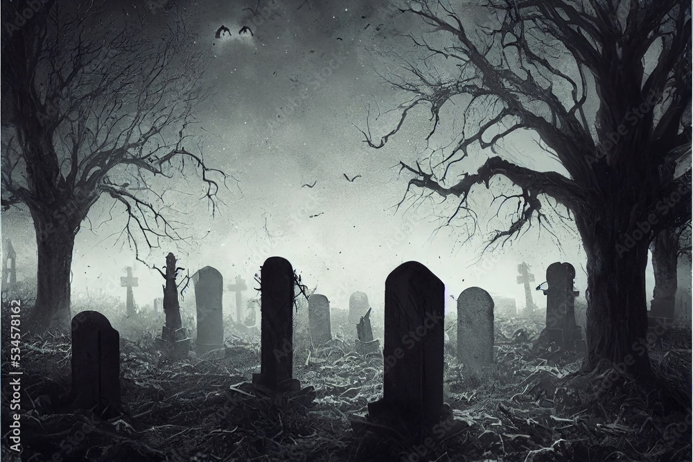 Misty Cemetery with Lights in Mystical Autumn Old Small Town 3D Art ...