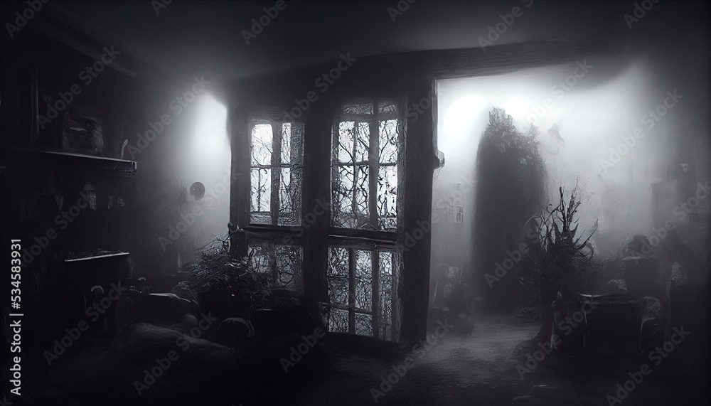 Surreal scene interior of a terrible ghost house. Halloween season ...