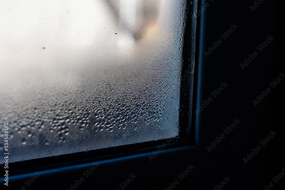 Water droplets condensation background of dew on glass, humidity and ...