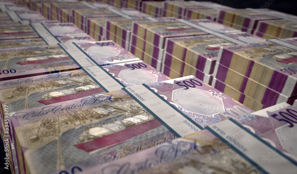 Qatar Riyal money print and printing banknotes pack 3d illustration ...